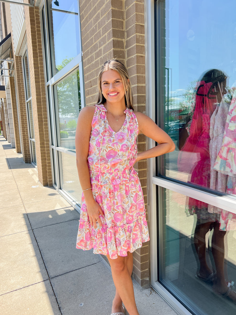 Pink Floral Slvless Tie Front Dress – Peacocks & Pearls Lexington