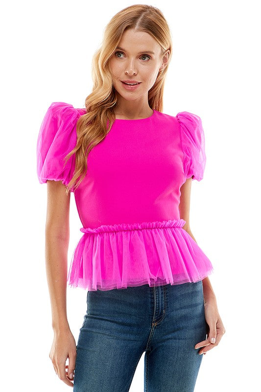 Puff Slv Mesh Bottom Ruffle Top – Peacocks & Pearls Lexington