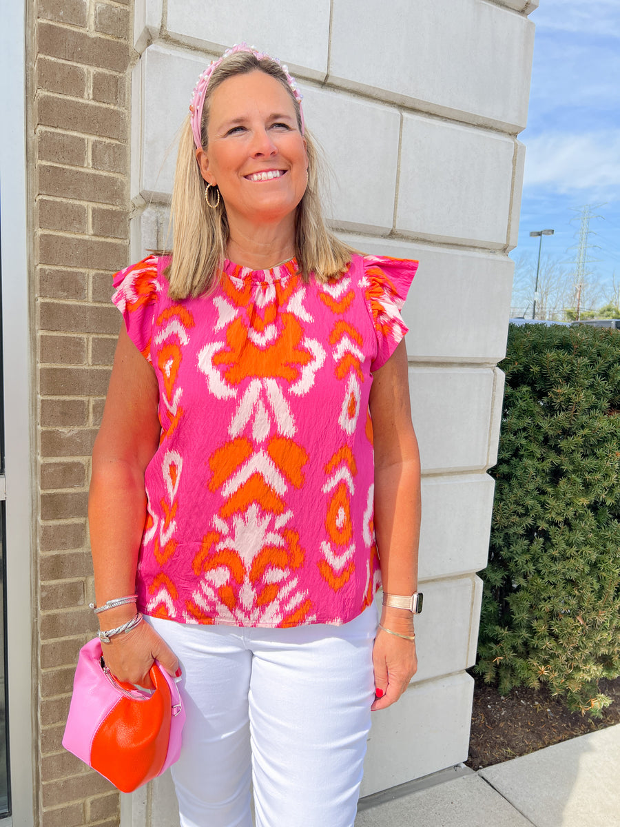 Pink/Orange Flutter Slv Mock Neck Top – Peacocks & Pearls Lexington