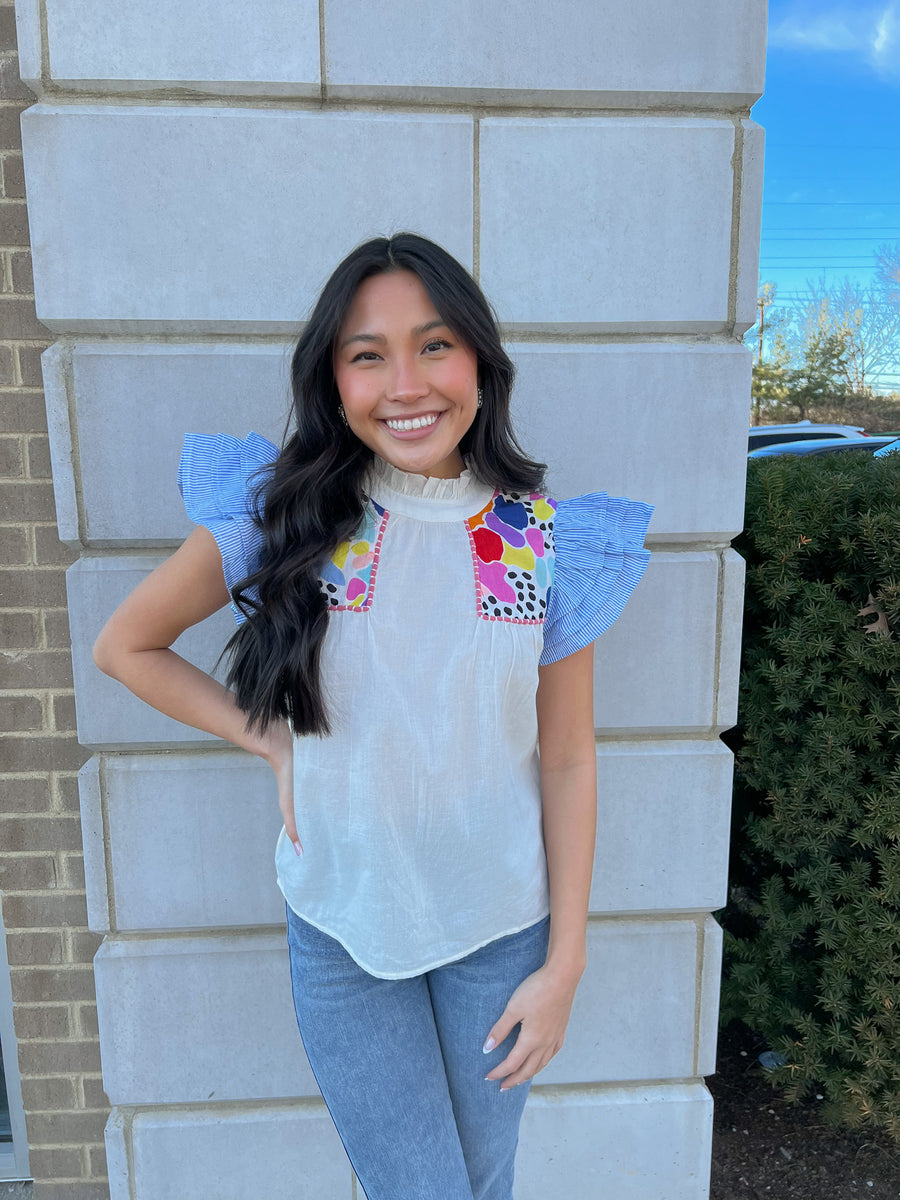 White Mock Neck Multi Patterned Slv Top – Peacocks & Pearls Lexington