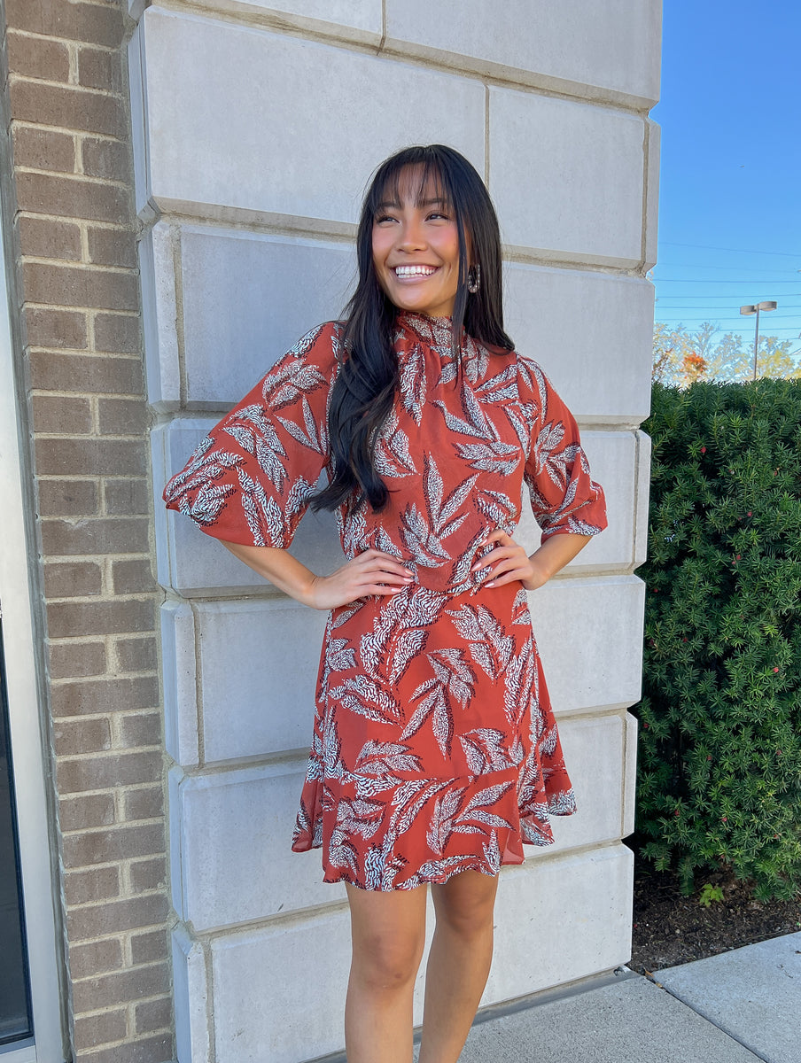 Rust Printed Lng Slv Mock Neck Dress – Peacocks & Pearls Lexington