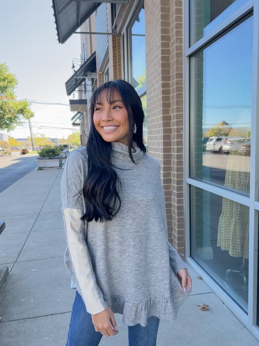 Grey Ruffle Turtleneck W/ Pleather Slv Sweater – Peacocks & Pearls ...