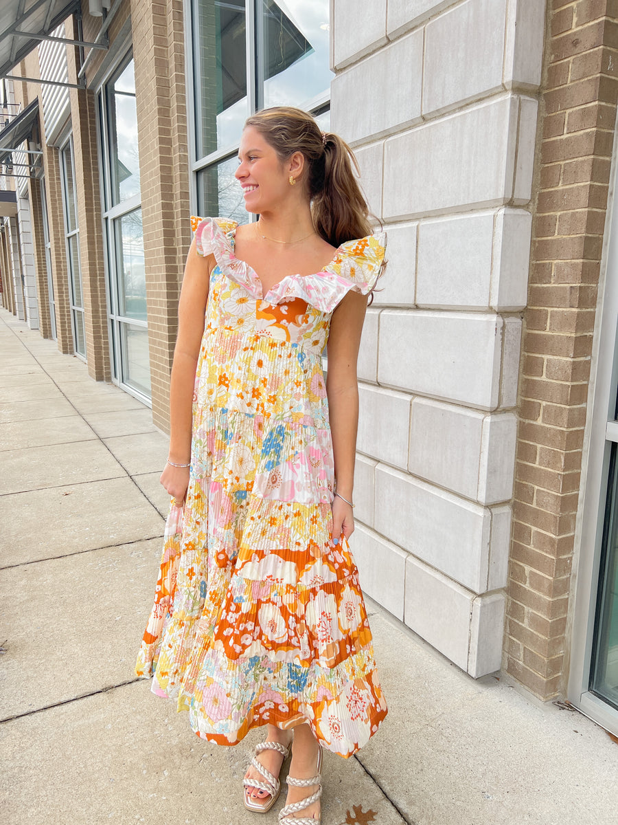 Pink/Rust Floral Tiered Pleated Midi Dress – Peacocks & Pearls Lexington