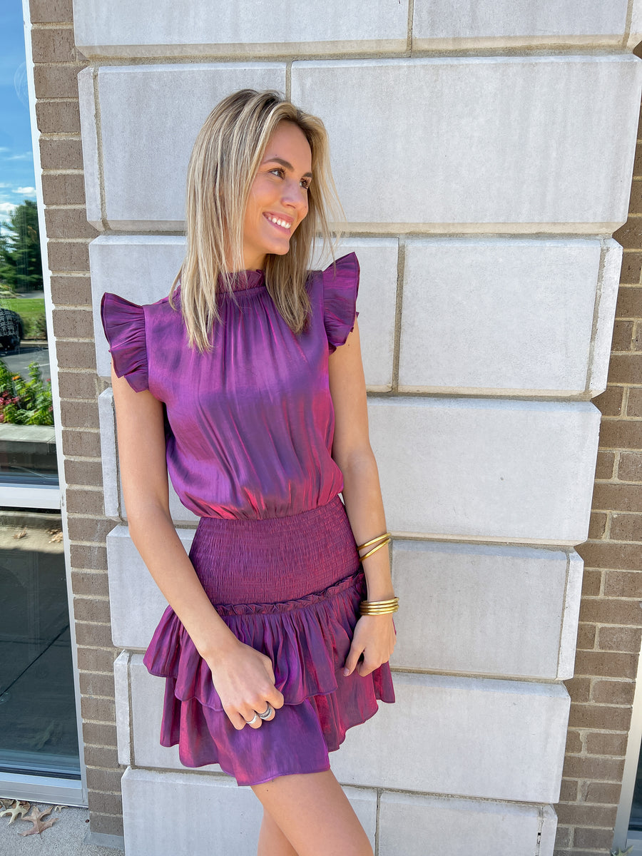 Purple Metallic High Neck Smock Waist Dress – Peacocks & Pearls Lexington